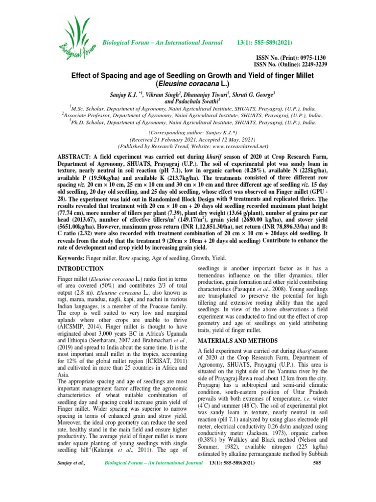 83 Effect of Spacing and Age of Seedling On Growth and Yield of Finger Millet Eleusine Coracana ...