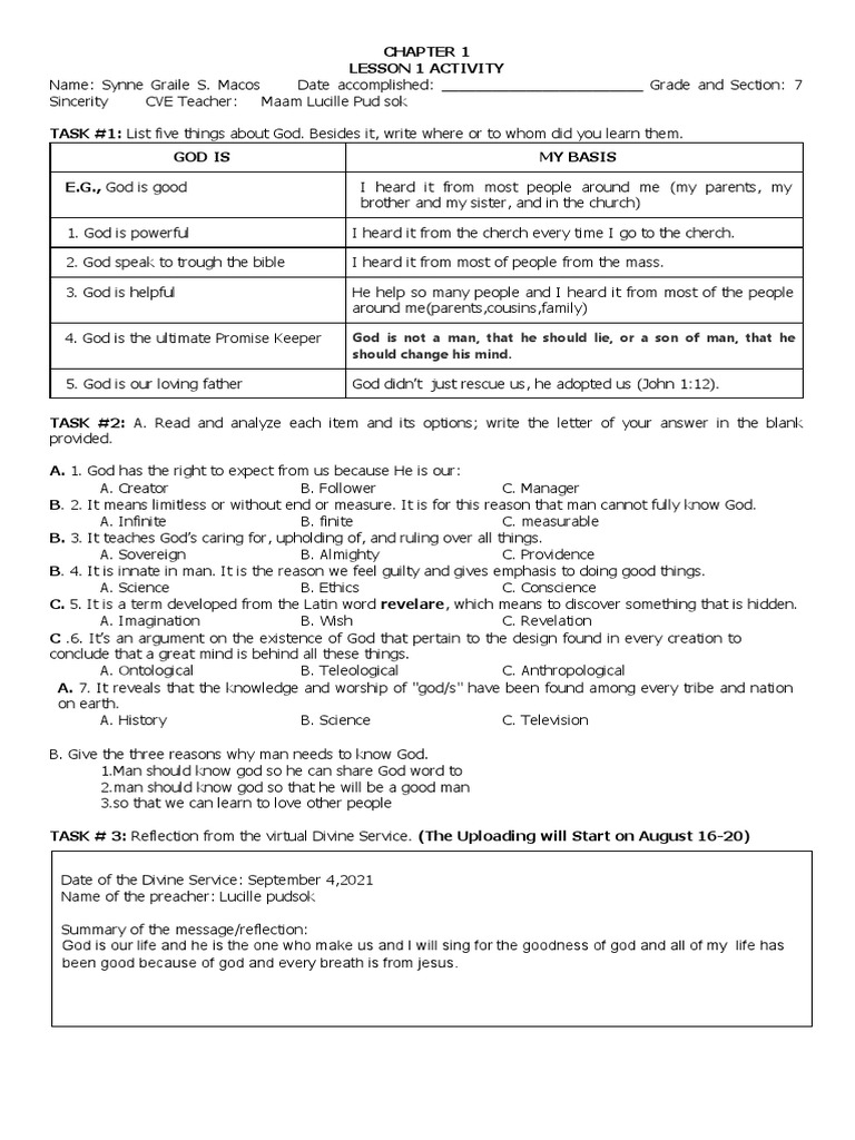 CHAPTER 1 Lesson 1 Activity | PDF | God | Science
