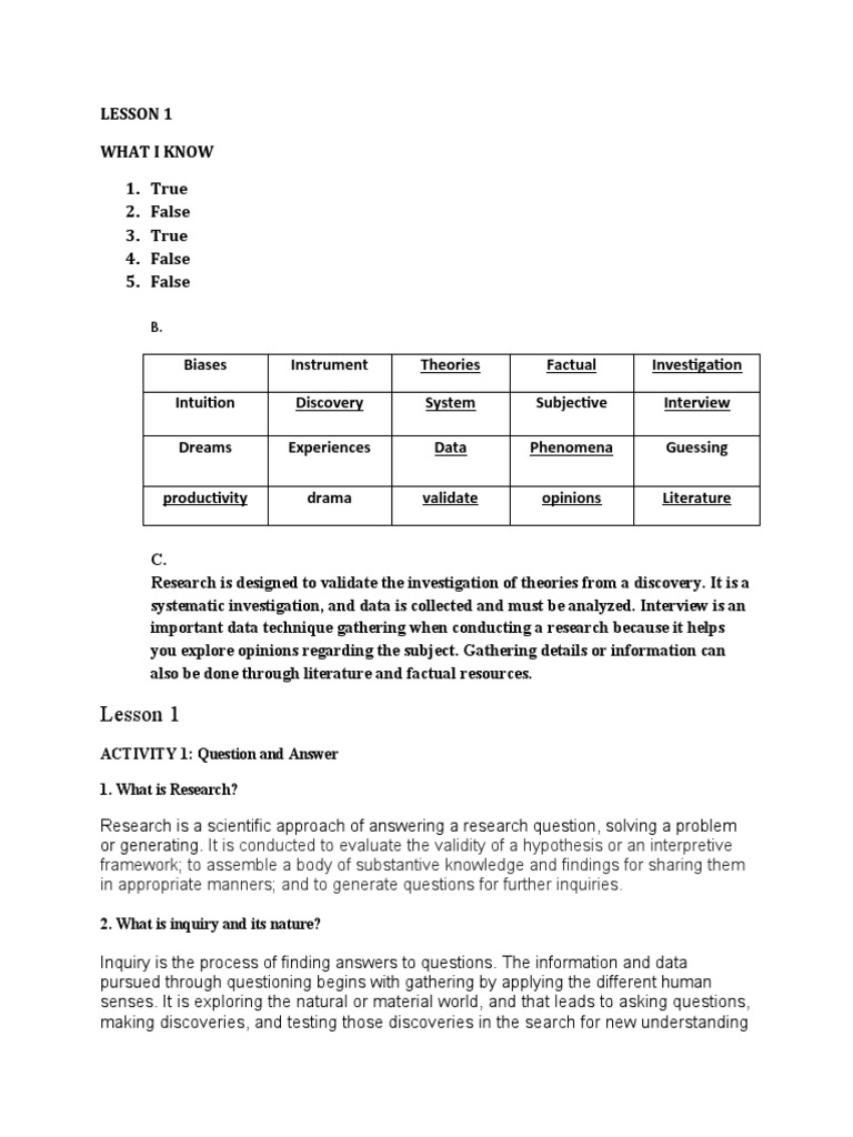 Lesson 1: ACTIVITY 1: Question and Answer 1. What Is Research? | PDF ...