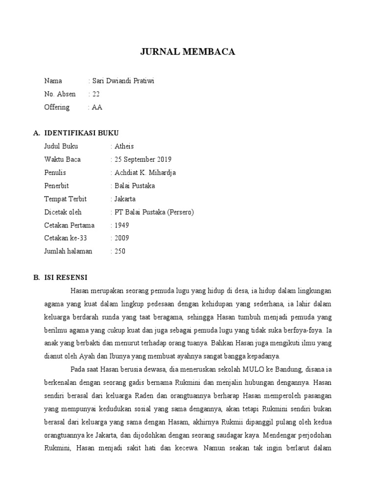 Jurnal Membaca Novel "Atheis" | PDF