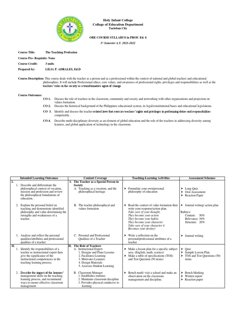 Obe Course Syllabus in Prof. Ed. 8 | PDF | Teachers | Lesson Plan