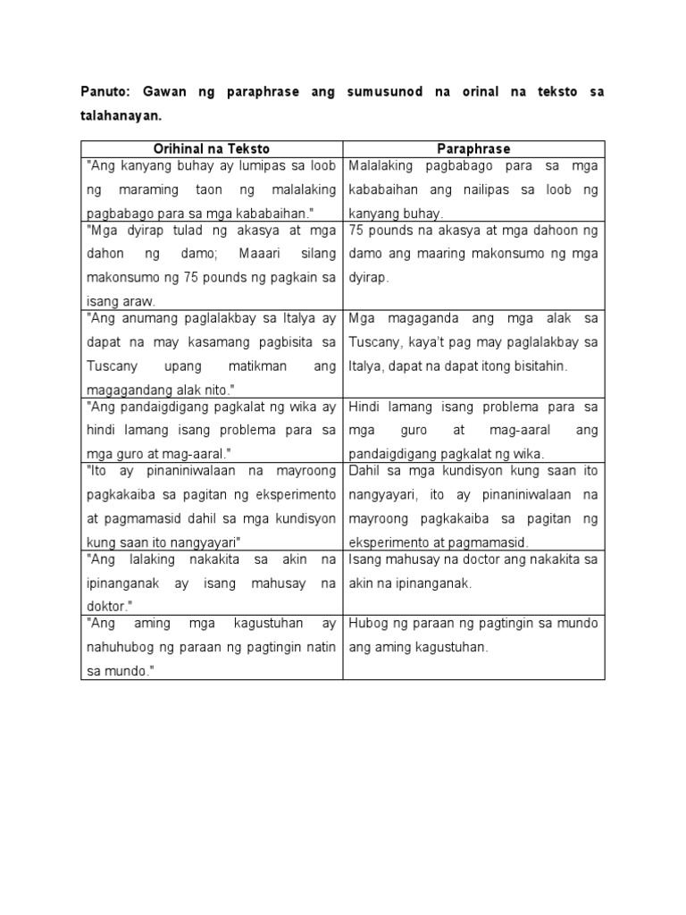Filipino Paraphrase - Backtracking - Grade 12 | PDF