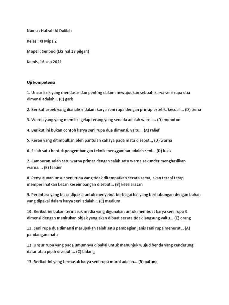 SBD Lks Hal 18 Pilgan 20 Soal (Hafzah Al Dalilah) | PDF