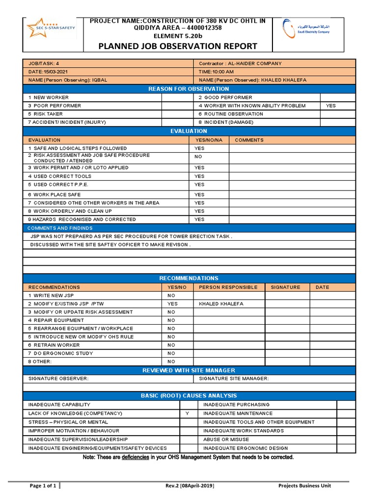 Planned Job Observation Report: ELEMENT 5.20b | PDF | Risk | Human ...