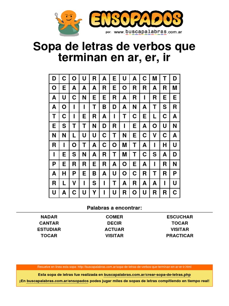 Sopa de Letras de Verbos Que Terminan en Ar Er Ir | PDF