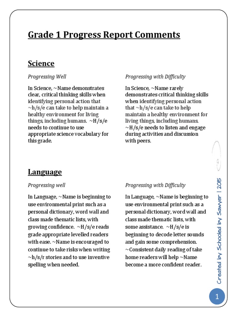 Report Card Comments Grade 1 Progress Report Ontario | Download Free ...
