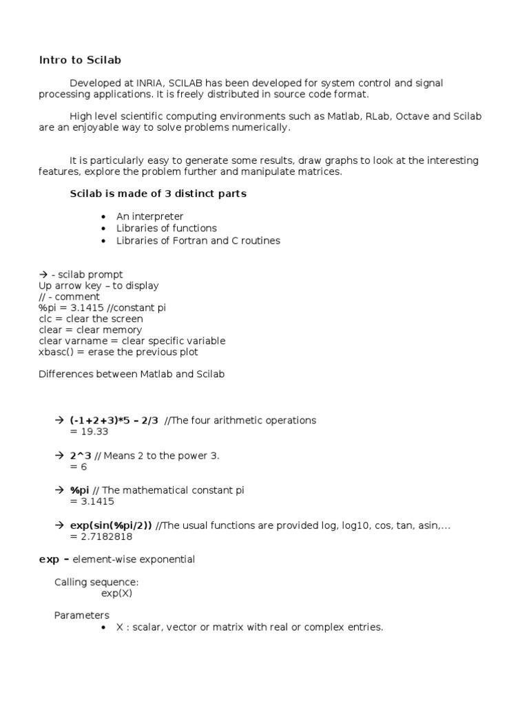 Intro To Scilab Pdf Exponential Function Matrix Mathematics