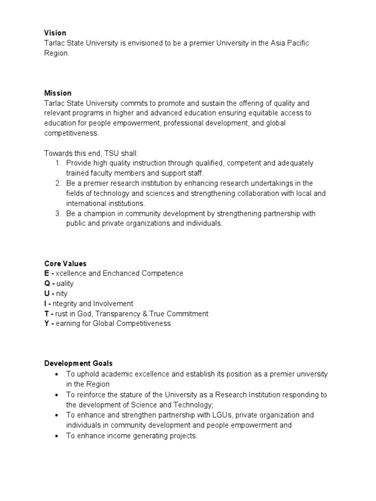 TSU Vision, Mission, and Core Values | PDF | Business