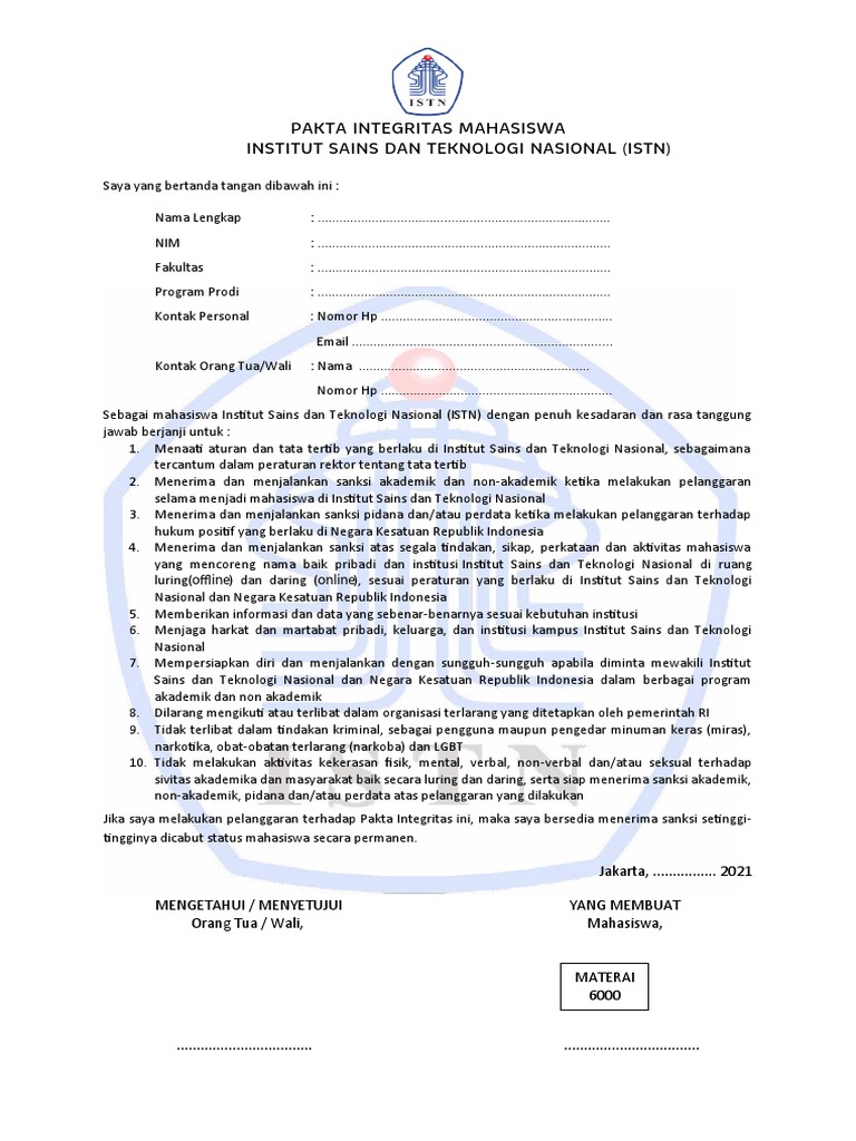 Pakta Integritas Mahasiswa Istn | PDF