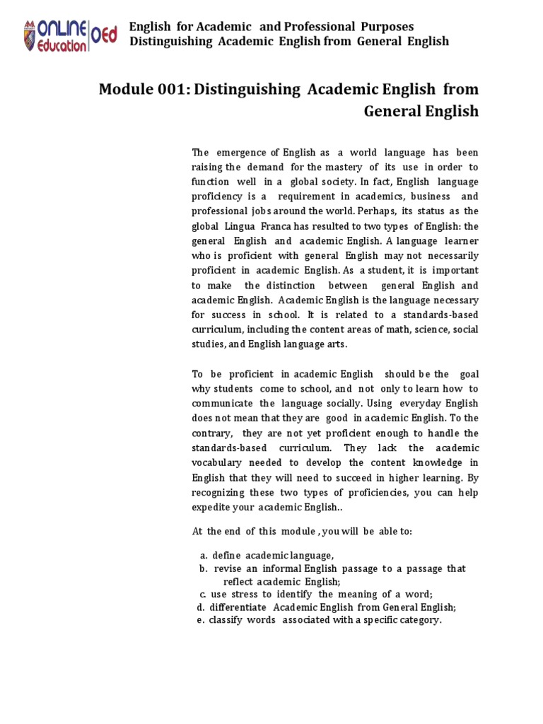 Week 001-Module Distinguishing Academic English From General English | PDF | Stress (Linguistics ...