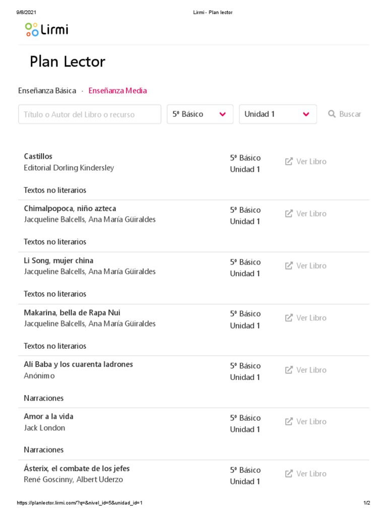 Lirmi - Plan Lector Unidad 1 Quinto Basico | PDF | Trabajos