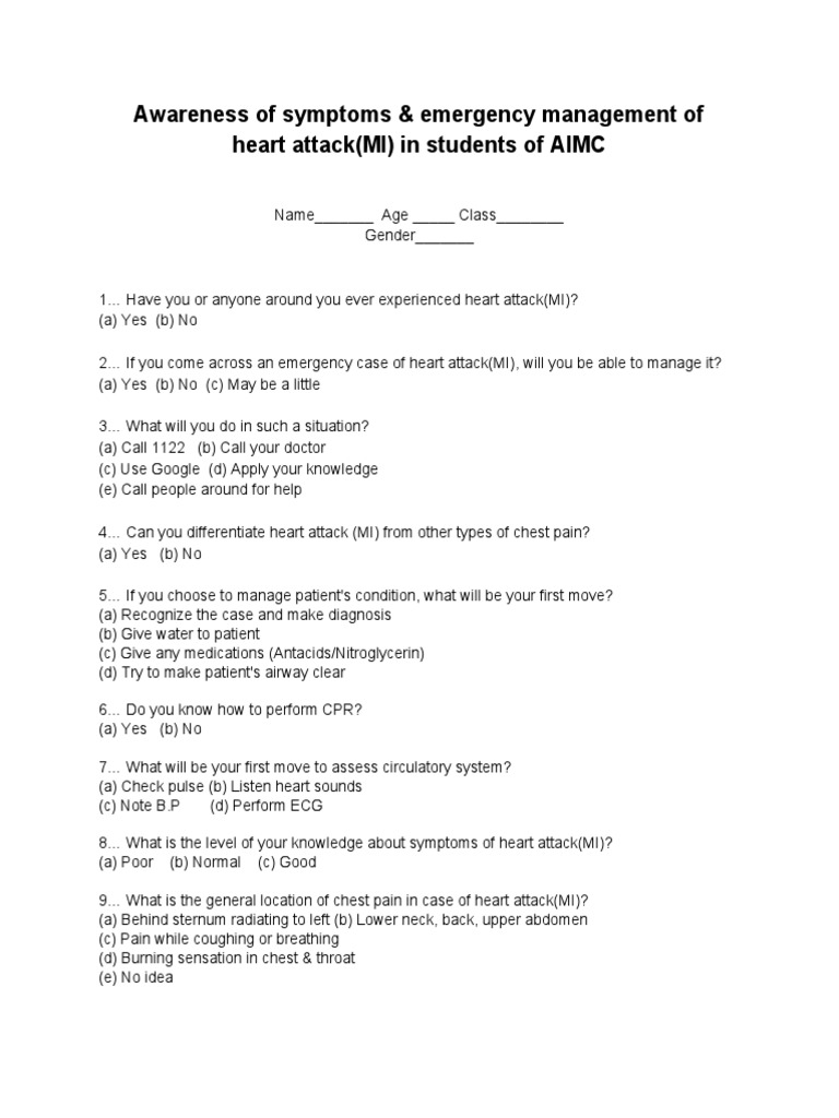 Awareness of Symptoms & Emergency Management of Heart Attack (MI) in Students of AIMC | PDF ...