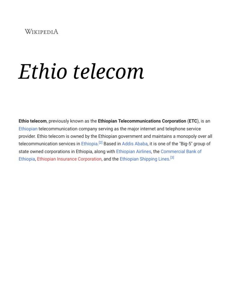 Ethio Telecom - Wikipedia | PDF | Telecommunications | Service Industries