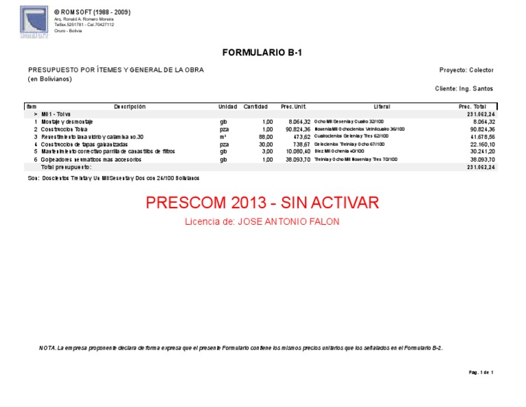 Prescom 2013 - Sin Activar: Formulario B-1 | PDF