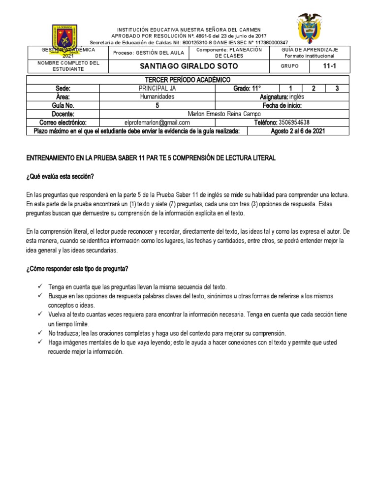 Guia 5 Periodo 3 Undecimo Santiago Giraldo Soto | PDF | Comunicación