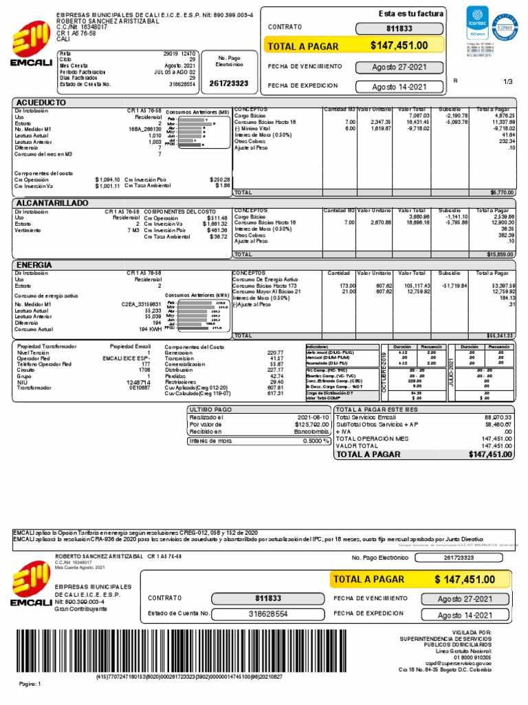 Factura Emcali | PDF | Ingenieria Eléctrica
