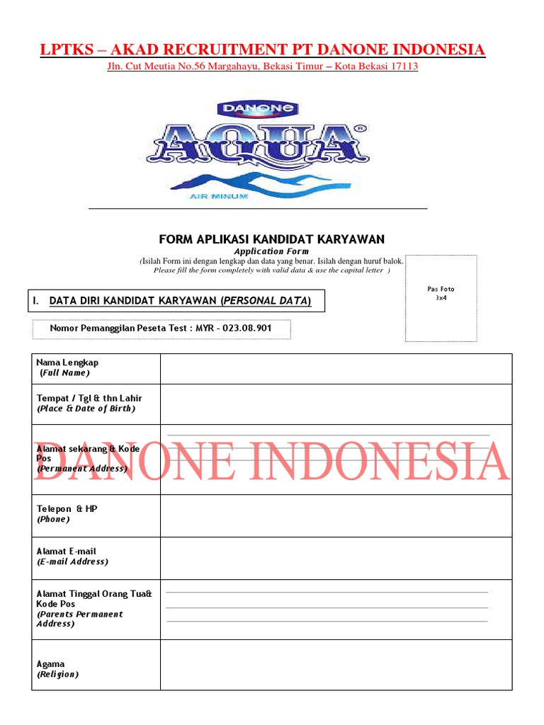 Form Pendaftaran Peserta Seleksi PT Danone Indonesia | PDF