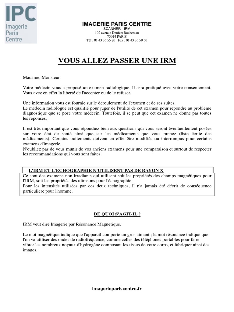 Informations sur l'IRM à Denfert-Rochereau | PDF | Radiologie ...