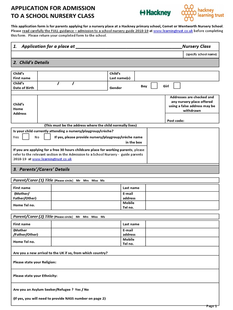 School Nursery Application Form | PDF | Preschool | Child Care
