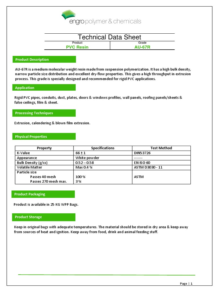 AU-67R PVC Resin Technical Data Sheet | PDF | Polyvinyl Chloride ...