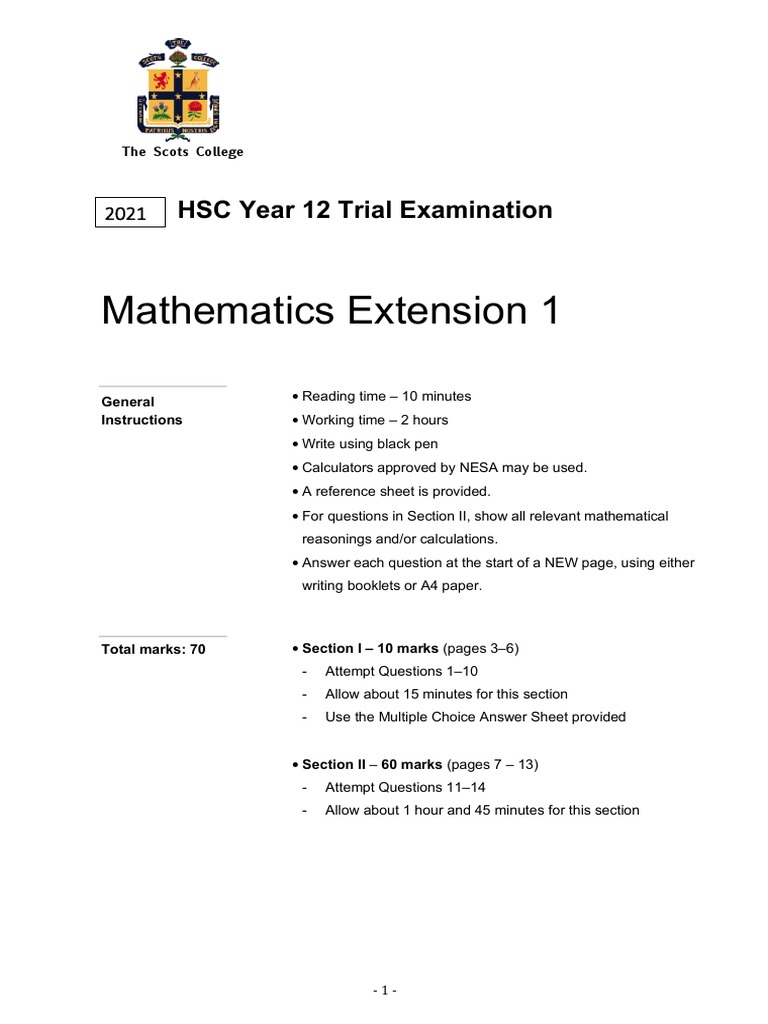 2021 HSC Trial Math Ext 1 | PDF | Velocity | Equations