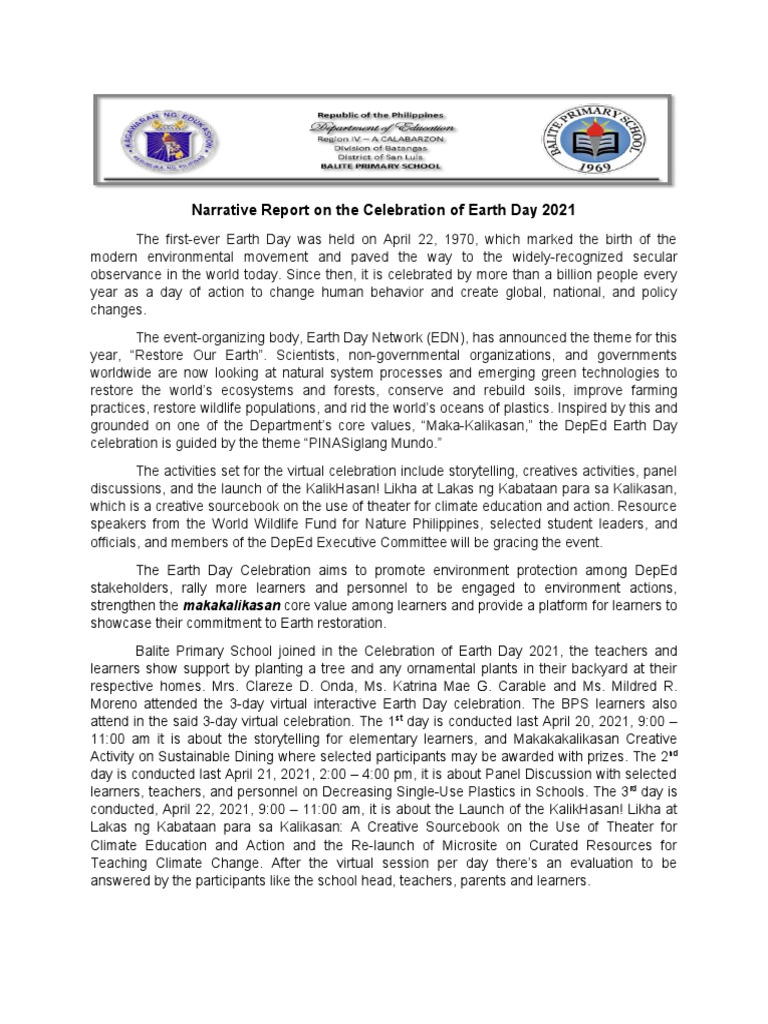 Narrative Report On The Celebration of Earth Day 2021 | PDF | Natural ...