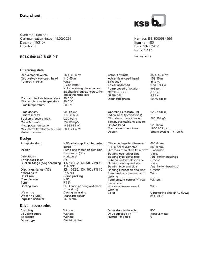 KSB RDLO 500-860 Pump Data Sheet | PDF | Pump | Flow Measurement