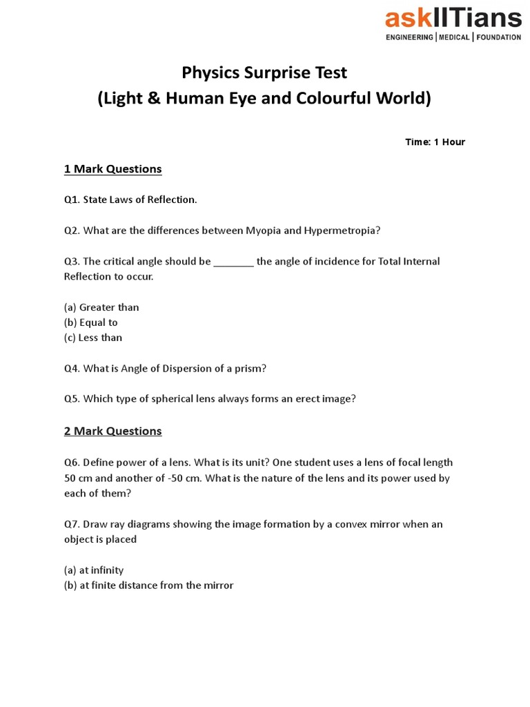 Physics Surprise Test (Light & Human Eye and Colourful World) | PDF