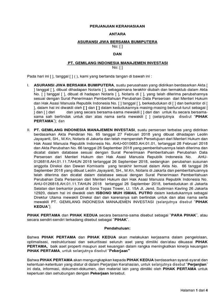 Draft NDA AJB Bumiputra - Gemilang Investment | PDF