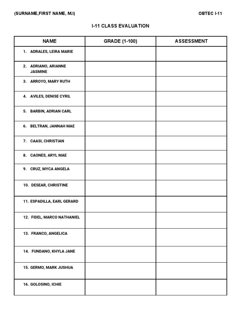 I-11 Class Evaluation Grades List | PDF