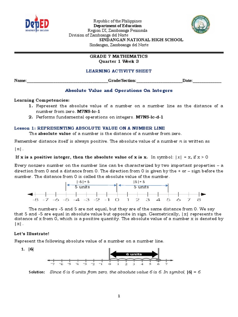Absolute Value and Operations On Integers: Learning Activity Sheet ...