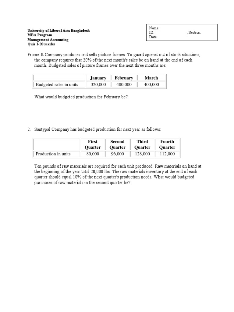 Budgeting Quiz for MBA Students | PDF | Finance & Money Management