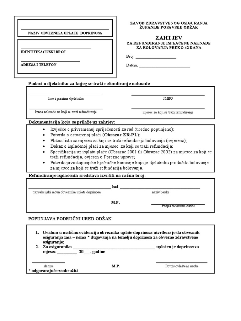 Zahtjev Za Ref Bolovanja | PDF