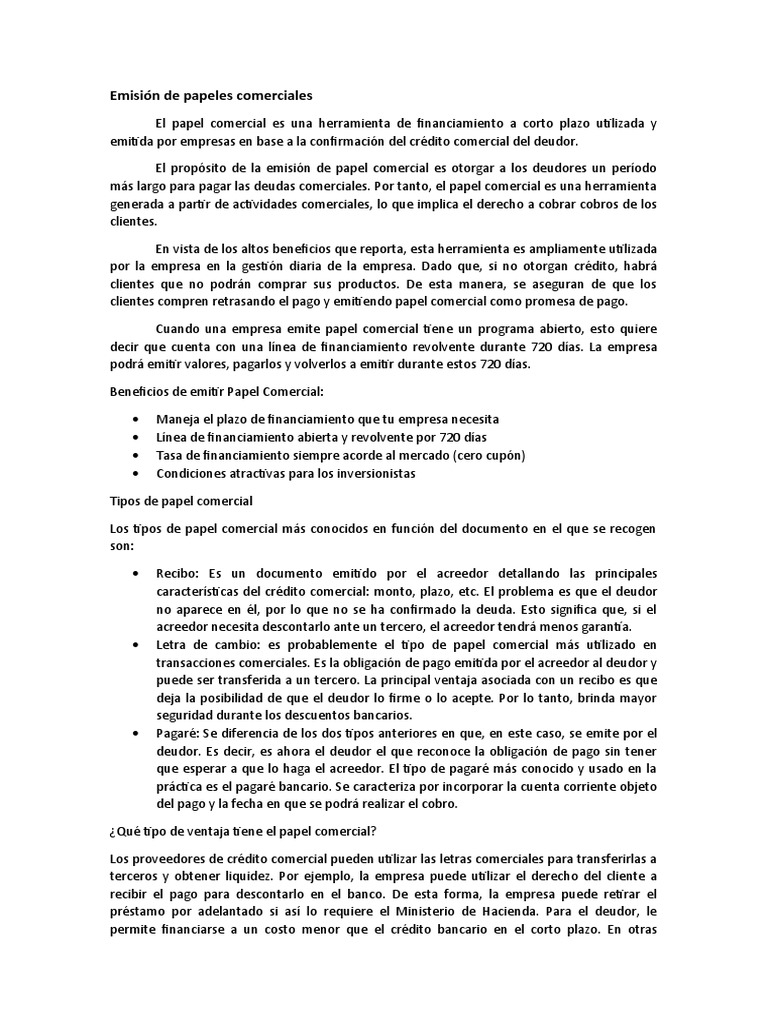 Emisión y Beneficios del Papel Comercial | PDF | Pagos | Bancos