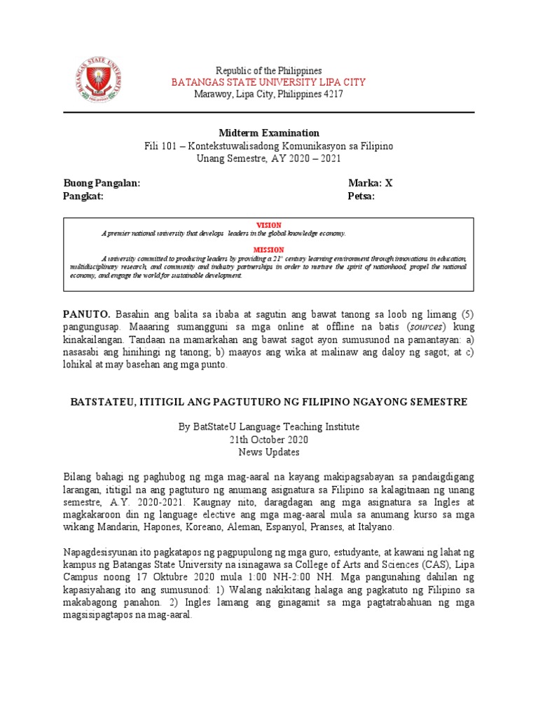 Fili 101 Midterm Exam | PDF