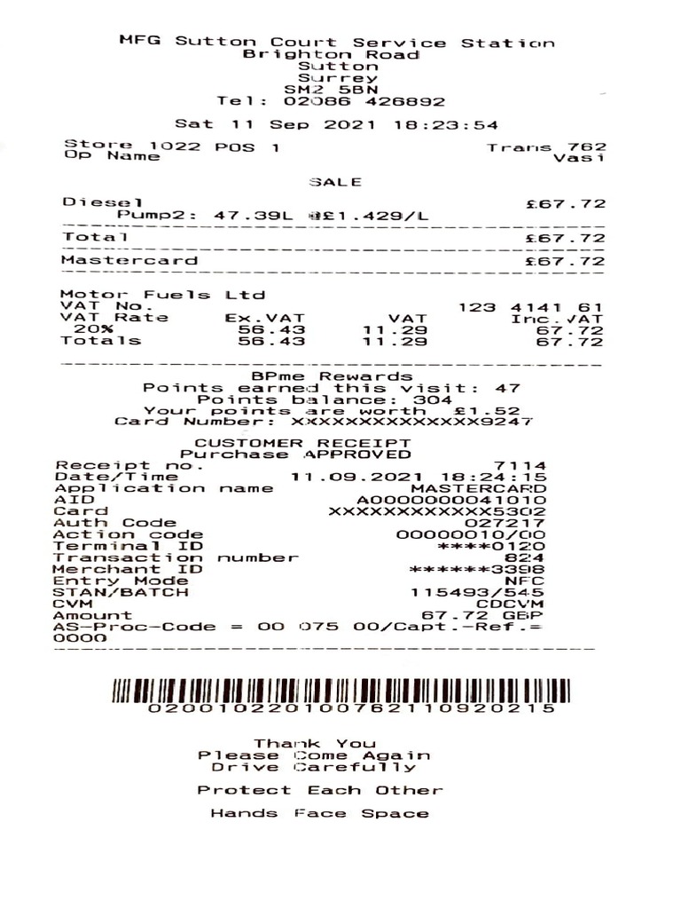 Fuel Receipt 11th Sep 2021 | PDF