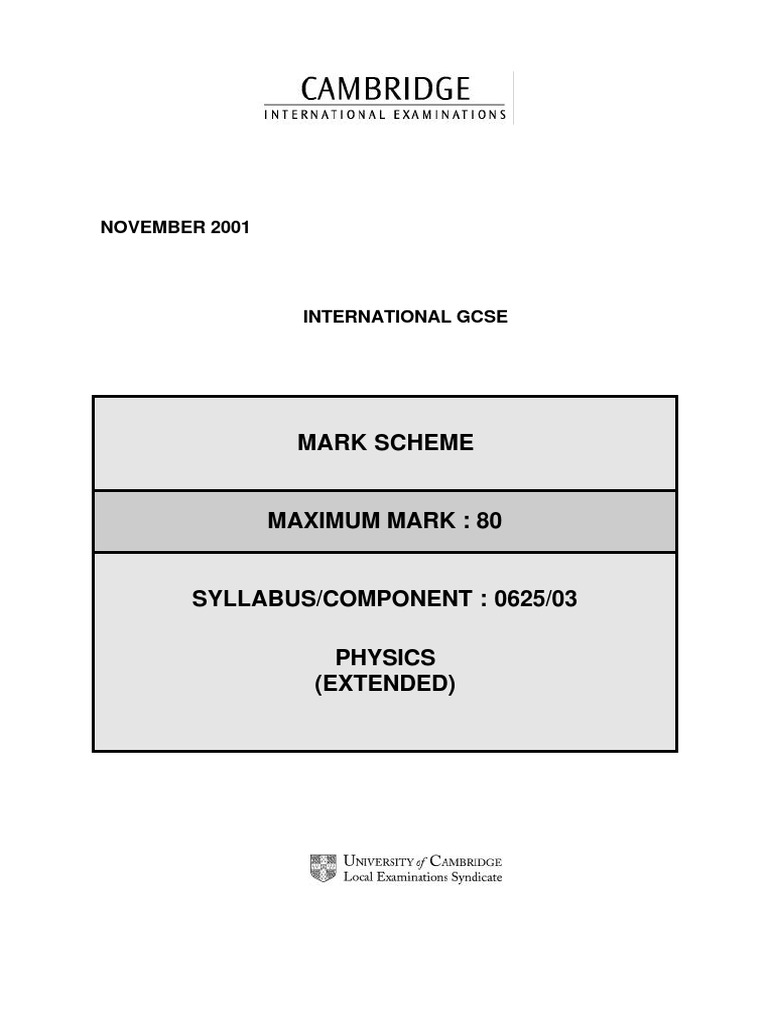 Mark Scheme: November 2001 | PDF | Acceleration | Force