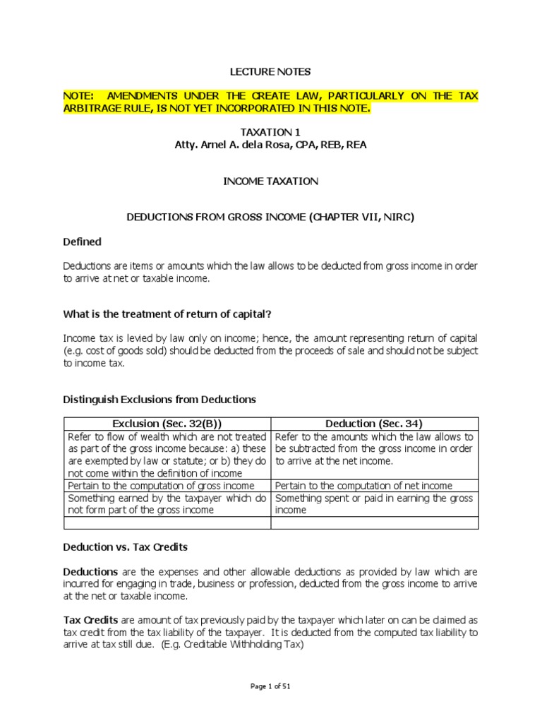 Lecture Notes Allowable Deductions | PDF | Tax Deduction | Gross Income