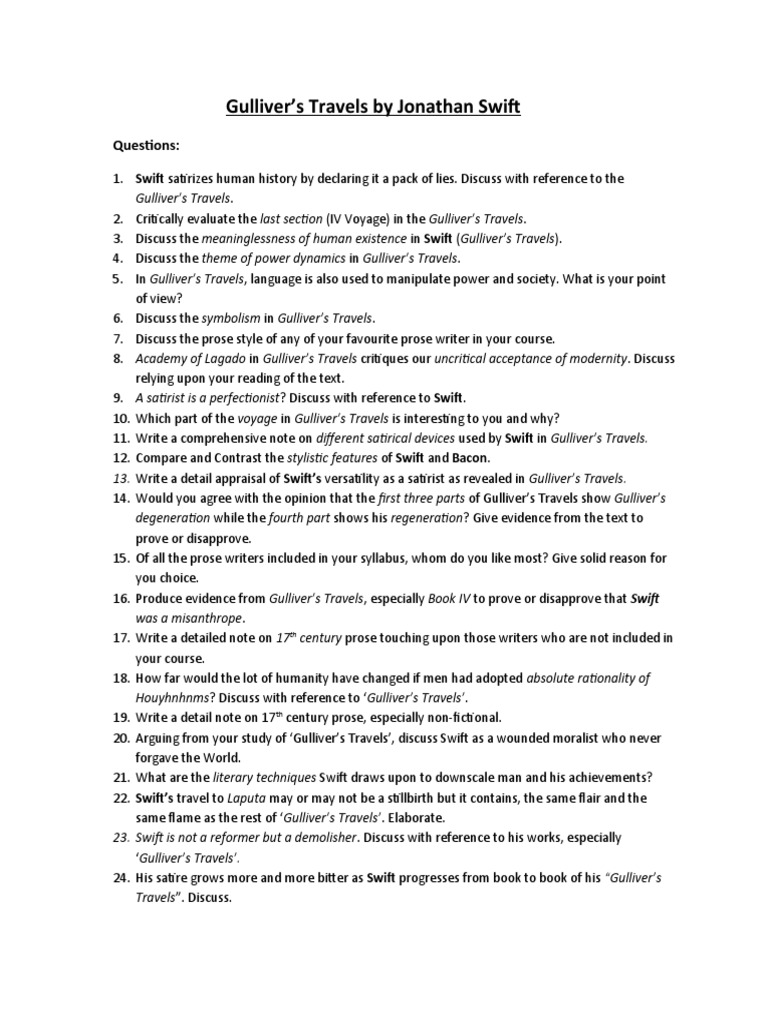 Gulliver's Travels by Jonathan Swift: Questions | PDF | Gulliver's ...