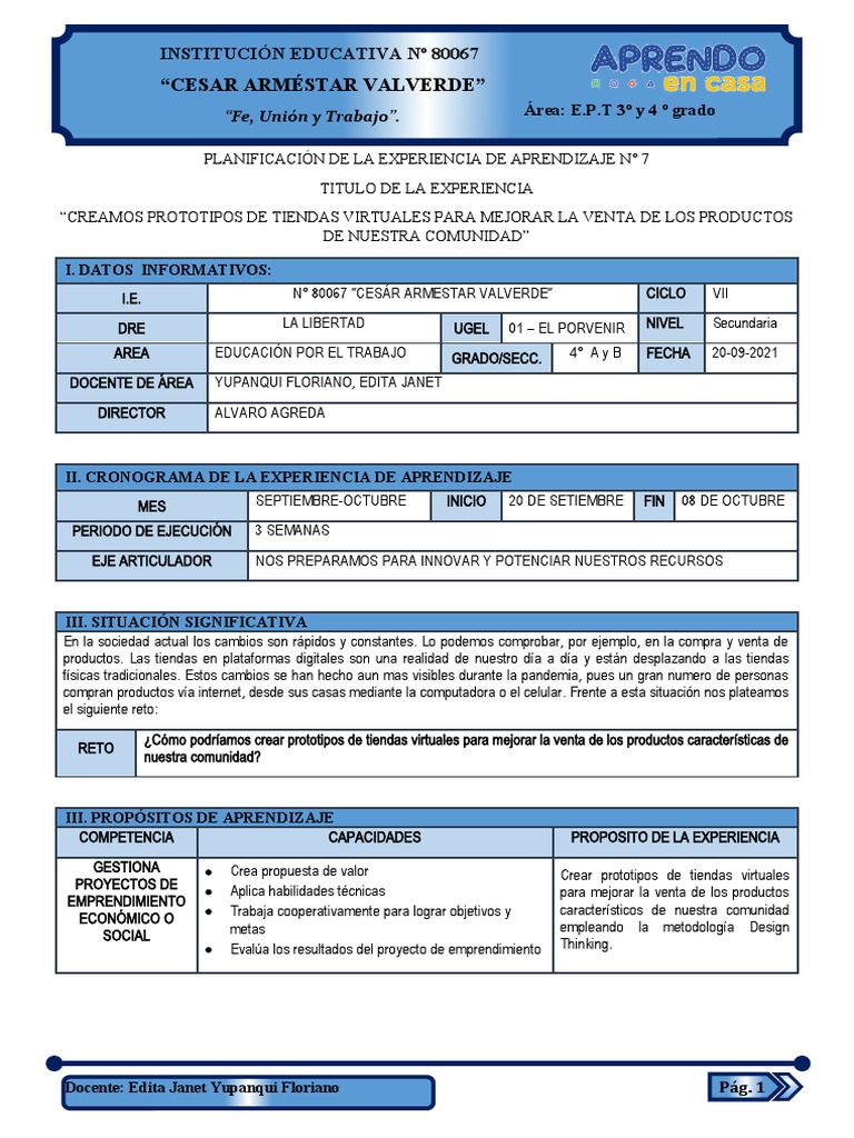 Planificador Experiencia #7 - Ept 4 | PDF | Aprendizaje | Evaluación