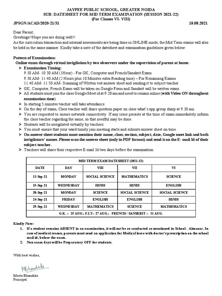 Mid Term Exam Datesheet 2021-22 | PDF | Test (Assessment)