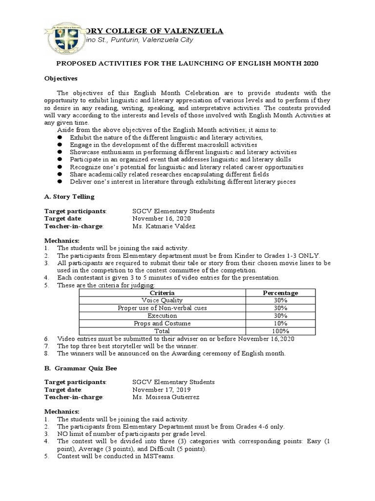Proposed Activities For The Launching of English Month 2020 1 | PDF ...