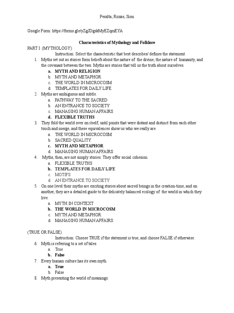 Characteristics of Mythology and Folklore Quiz Question and Answer Key ...