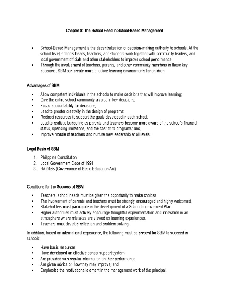 Chapter 9 - The School Head in School-Based Management | PDF | Teachers ...