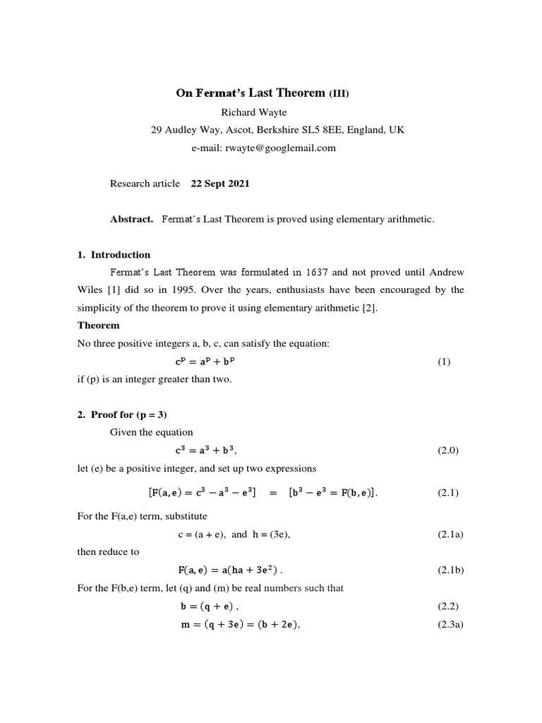 On Fermat's Last Theorem (III) 22 Sept 2021 | Download Free PDF ...