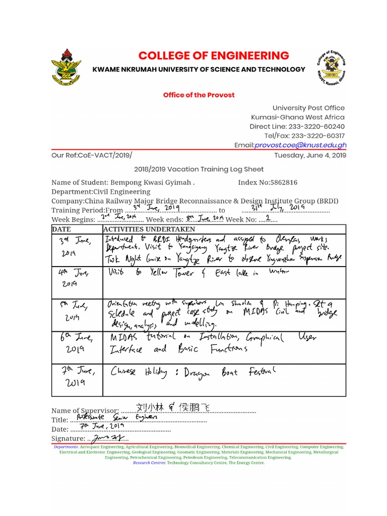 Internship Log Sheet Kwasi Bempong | Download Free PDF | Bridge | Concrete