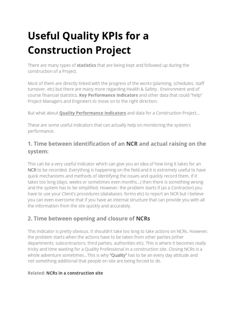 Quality KPIs for Construction Projects | PDF | Statistics | Performance ...