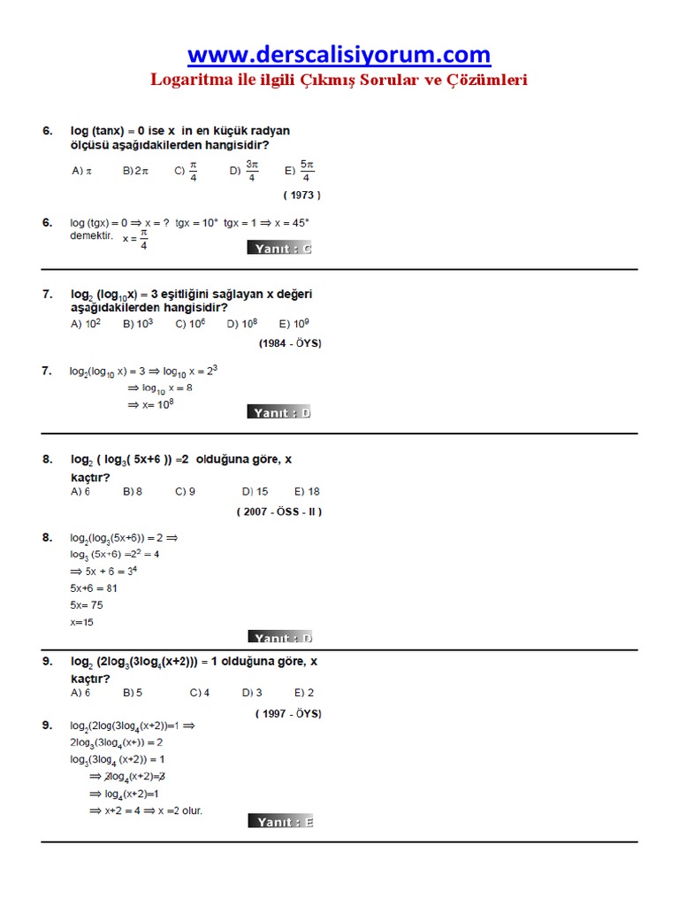 Logaritma Çıkmış Bazı Sorular | PDF