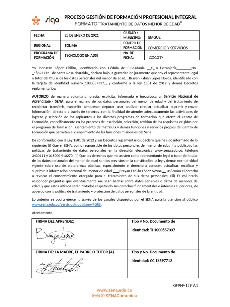 Formato - Tratamiento - de - Datos - Menor - de - Edad Brayan Fabian Lopez Novoa | PDF ...
