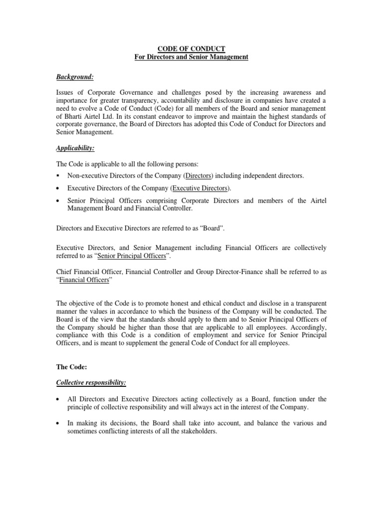 Background:: Code of Conduct For Directors and Senior Management | PDF ...